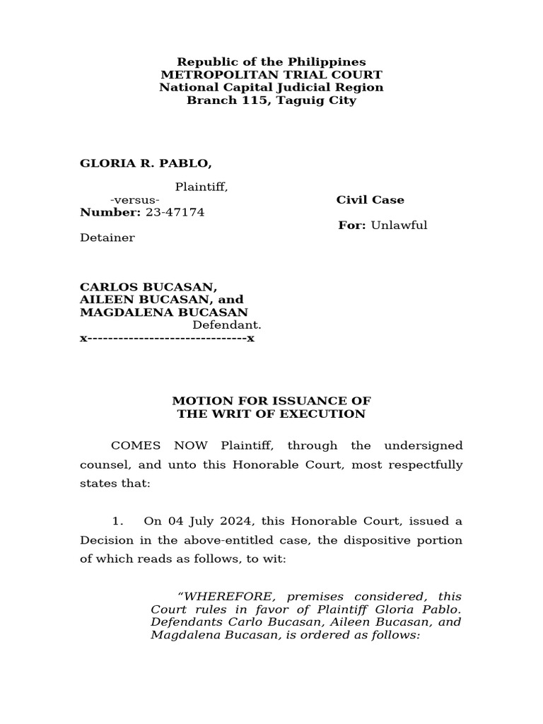 Motion For Issuance of Writ of Execution | PDF | Lawsuit | Judgment (Law)