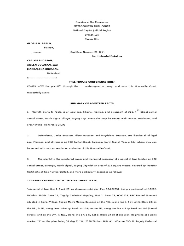 Preliminary Conference Brief | PDF | Complaint | Common Law