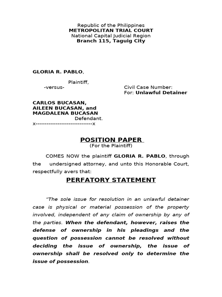 Unlawful Detainer Jep Position Paper | PDF | Lawsuit | Property