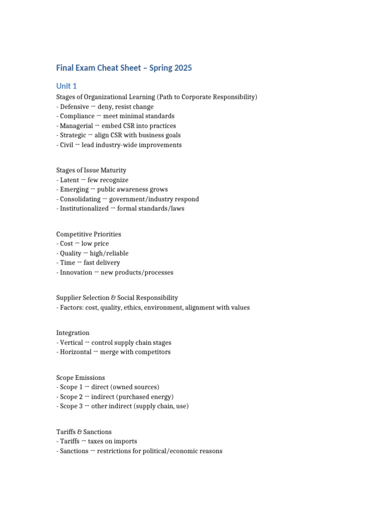 Final Exam Cheat Sheet Supply Chain | PDF | Forecasting | Corporate ...