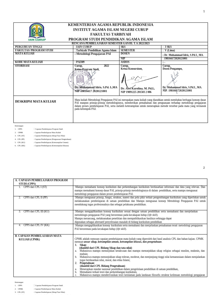 14. RPS Metodologi Pengajaran PAI Mudris Ok | PDF