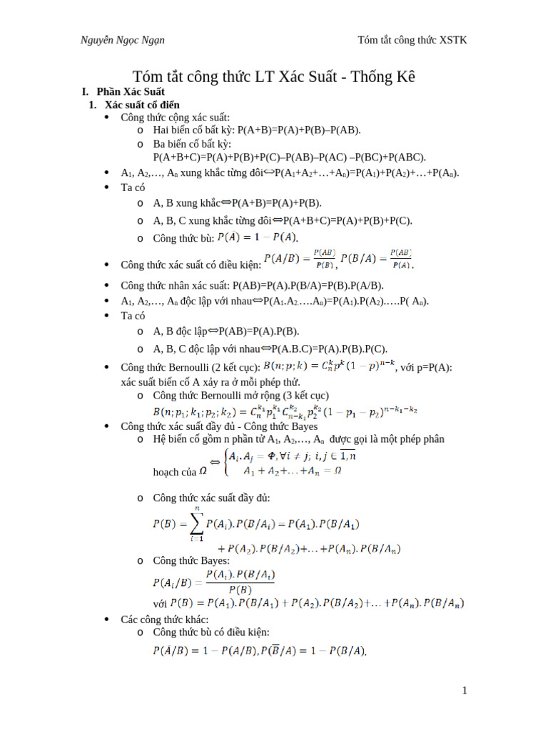 Tom Tat Cong Thuc XSTK | PDF