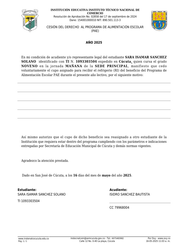 Cesión Del Derecho Al Programa de Alimentación Escolar (Pae) Sara ...