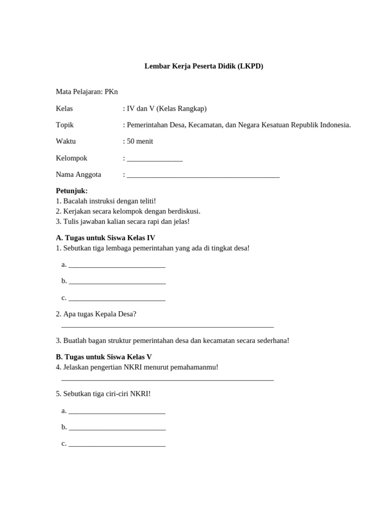 LKPD Dan Instrumen Penilaian Kelas Rangkap PKN Contoh | PDF
