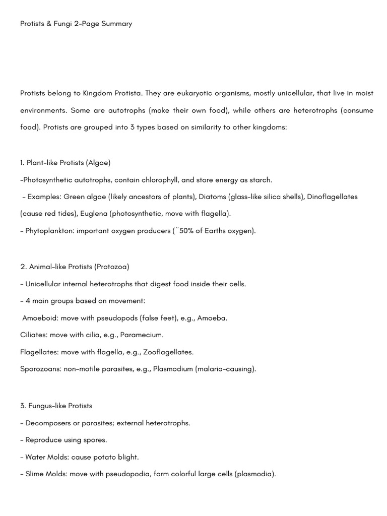 Protists and Fungi 2 Page Summary PDF | PDF | Fungus | Algae