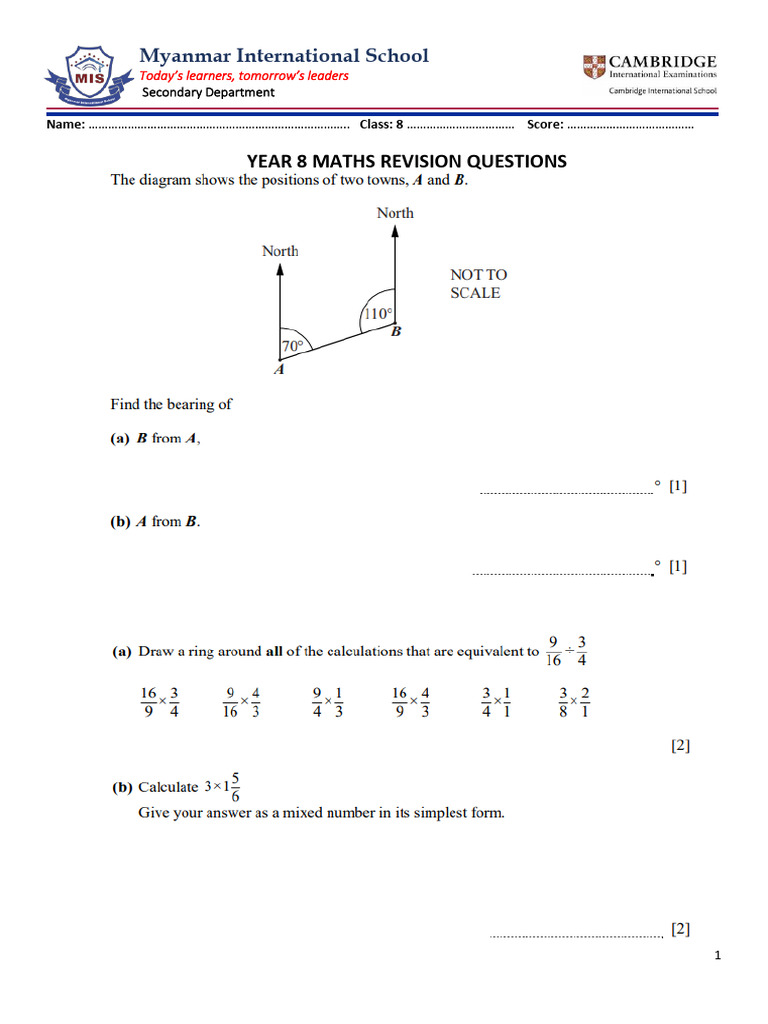 Y8 FINAL REVISION (NO Calculator) | PDF