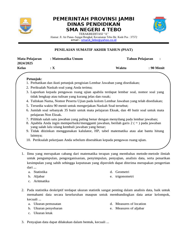 Soal MTK KLS X Psat 20242025 | PDF