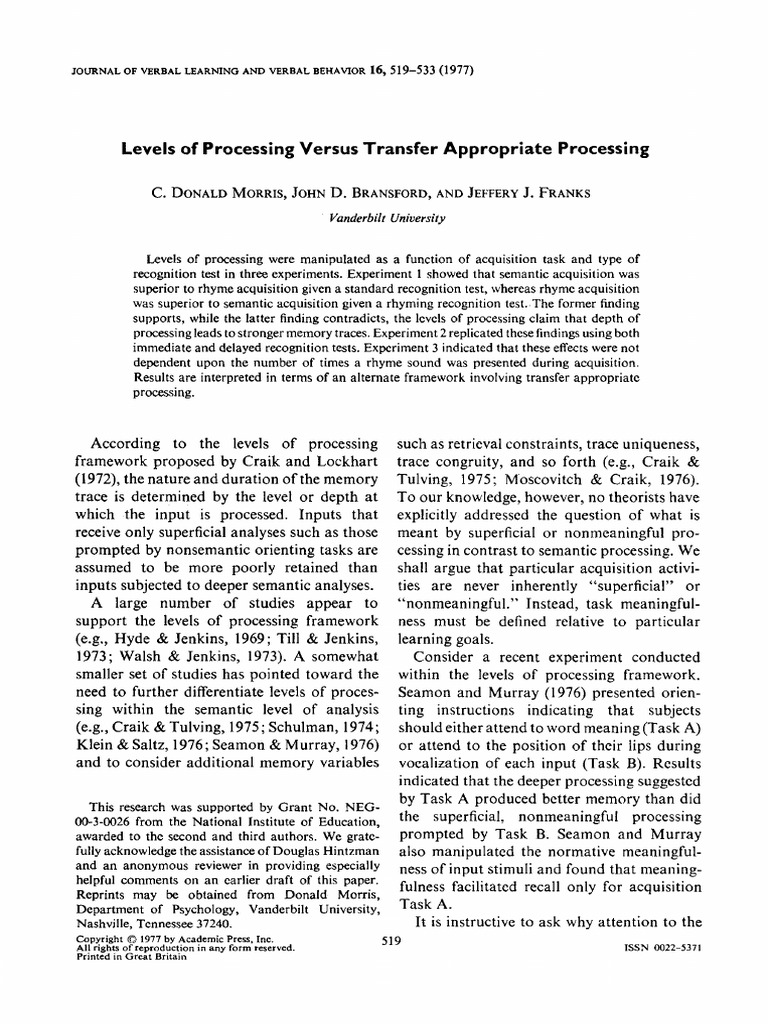 Levels of Processing Versus Transfer Appropriate Processing - Morris1977 | PDF | Cognition ...