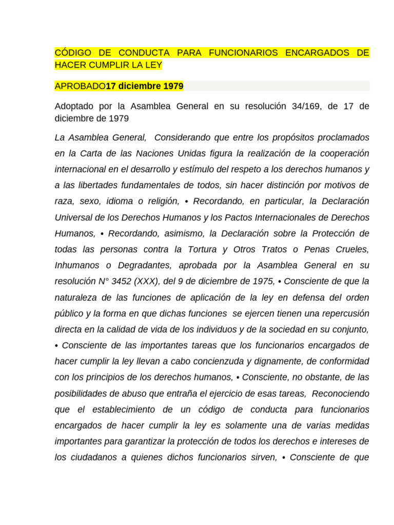 Código de Conducta para Funcionarios Encargados de Hacer Cumplir La Ley | PDF | Tortura ...