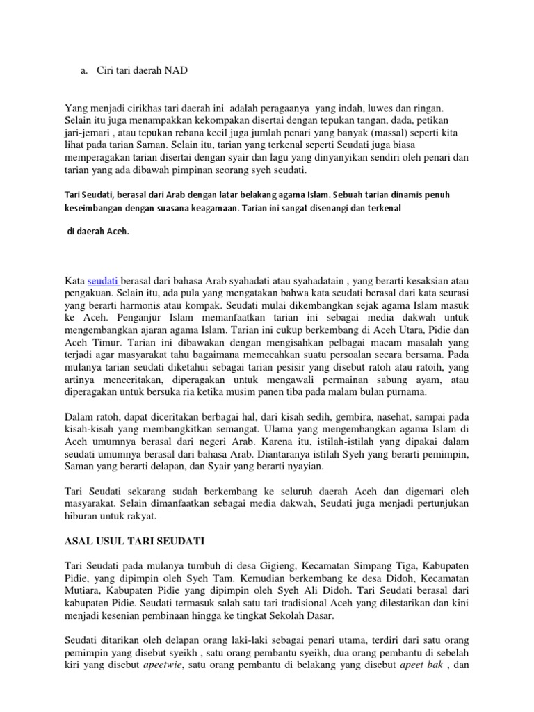 Ciri Khas dan Sejarah Tari Seudati Aceh | PDF | Seni