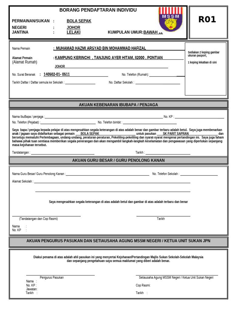 Borang Pendaftaran R01 Terkini | PDF