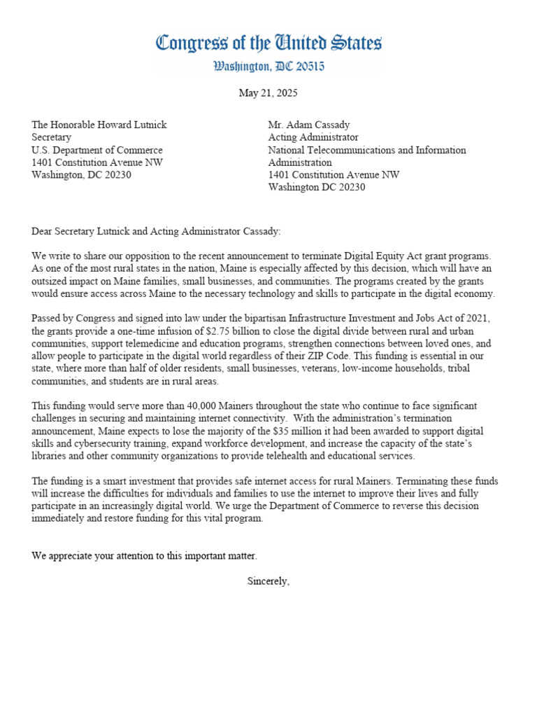 ME Delegation - Digital Equity Act Program Letter | PDF | Federal ...
