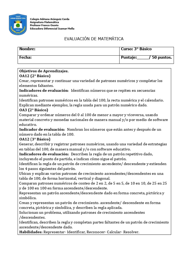 Evaluacion Matematica Tercero Basico Listo | PDF