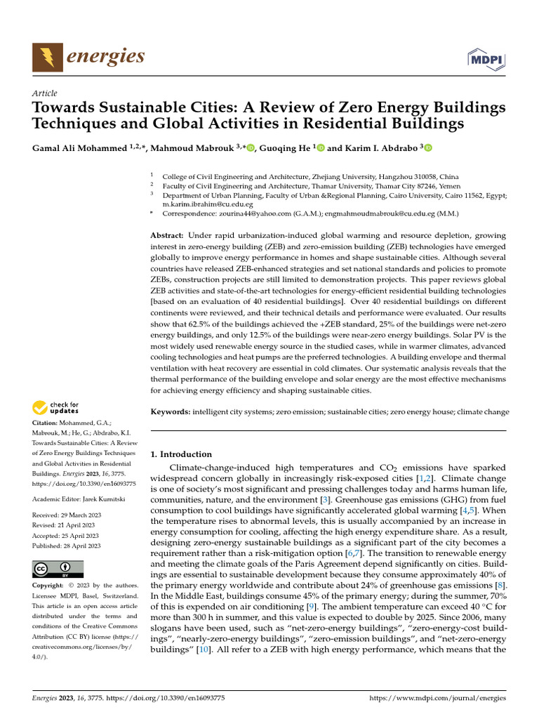 2023 Towards Sustainable Cities A Review of Zero Energy Buildings | PDF ...