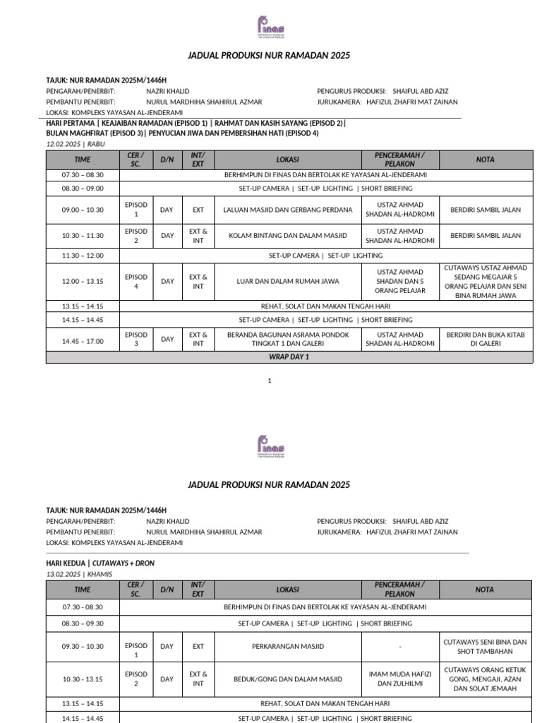 Jadual Penggambaran Nur Ramadan 2025 | PDF