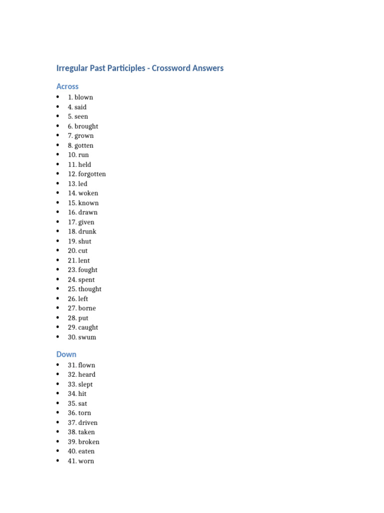Irregular Past Participles Crossword | PDF