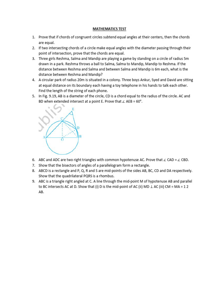 MATHS TEST CLASS 9 (CIRCLE and QUADRILATERAL) | PDF