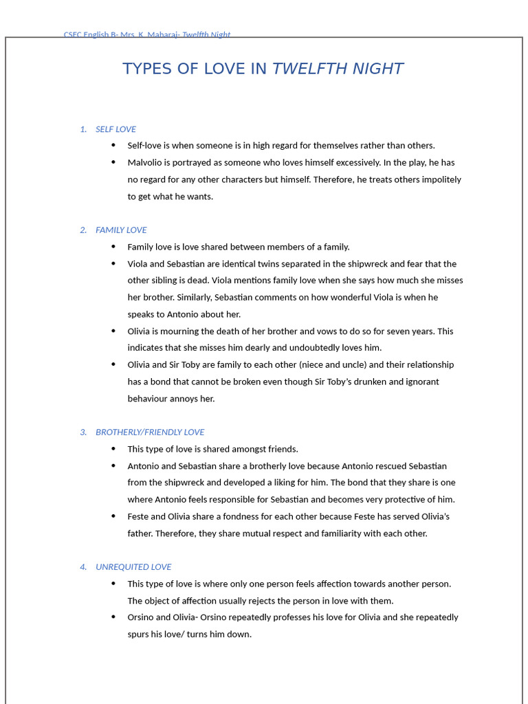 Types of Love in Twelfth Night | PDF | Twelfth Night
