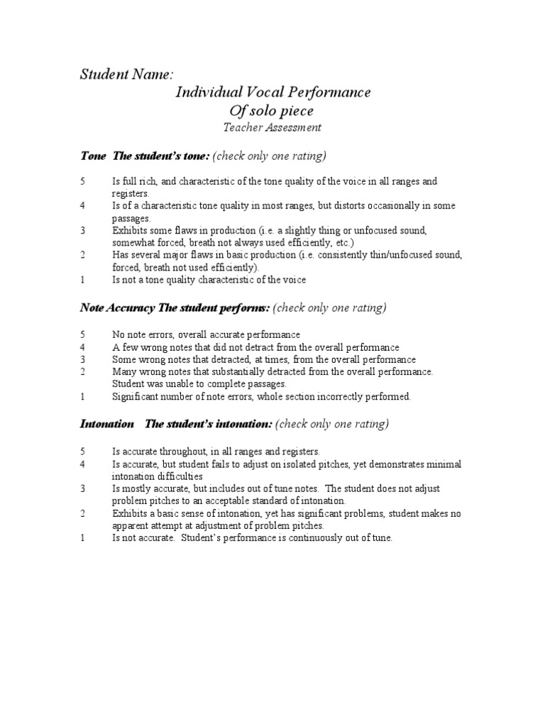 Teacher Rating Scale For Solo Performance | PDF | Rhythm | Pitch (Music)