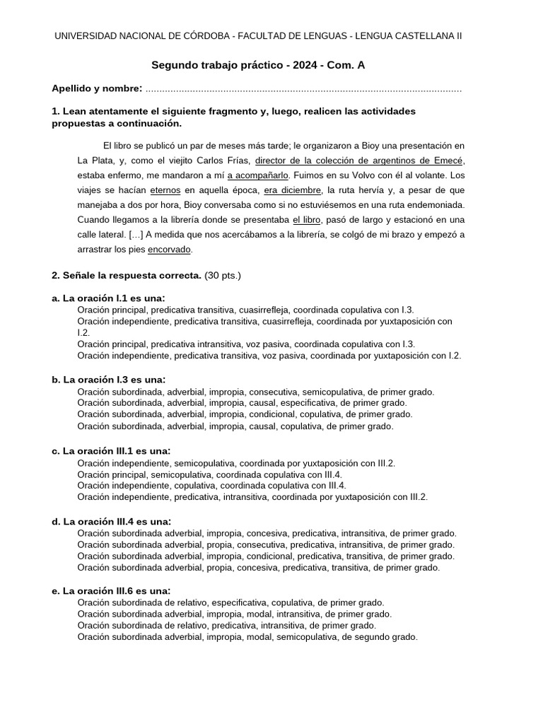 LCII TP2 COMA 2024 (Sin Respuestas) | PDF | Oración (Lingüística) | Morfología Lingüística