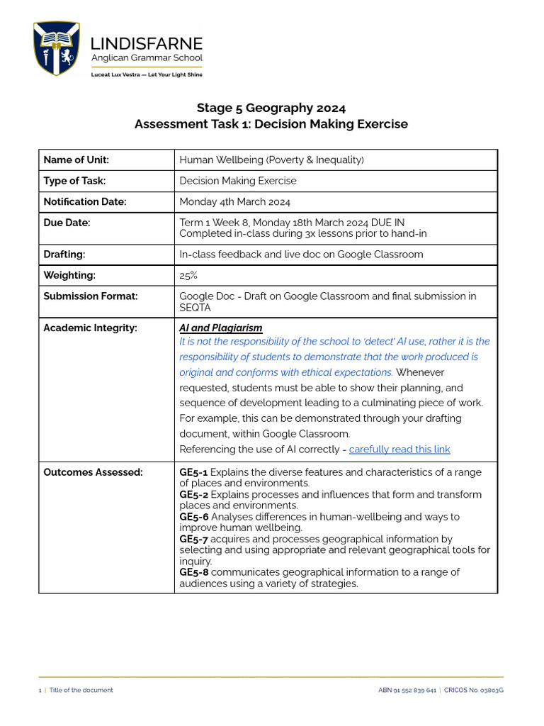 2024 Assessment Task 1 Stage 5 Geography - Decision Making Exercise ...
