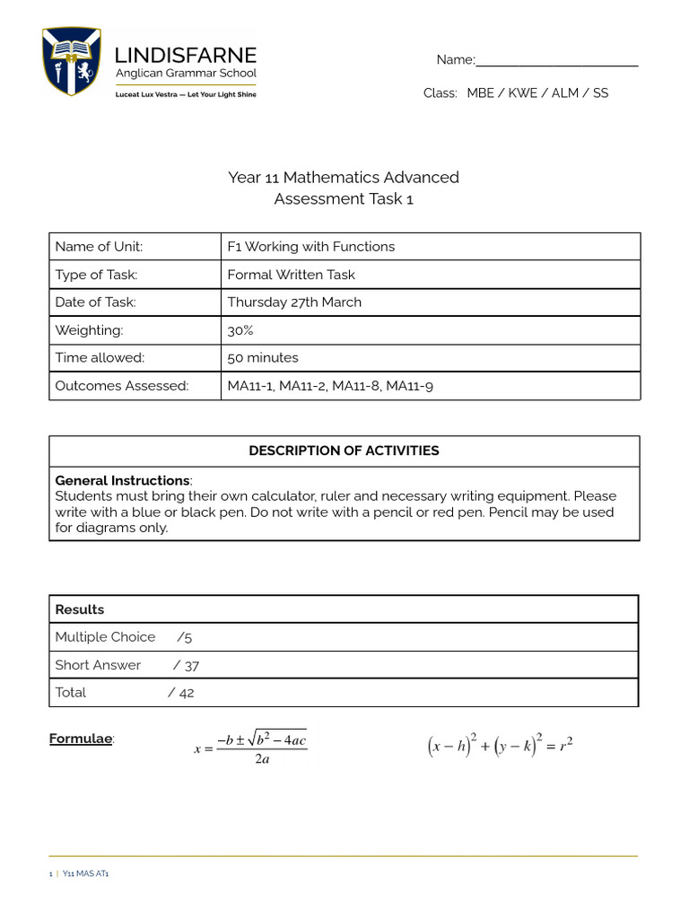 Year 11 Maths Advanced Assessment Task | PDF | Function (Mathematics ...