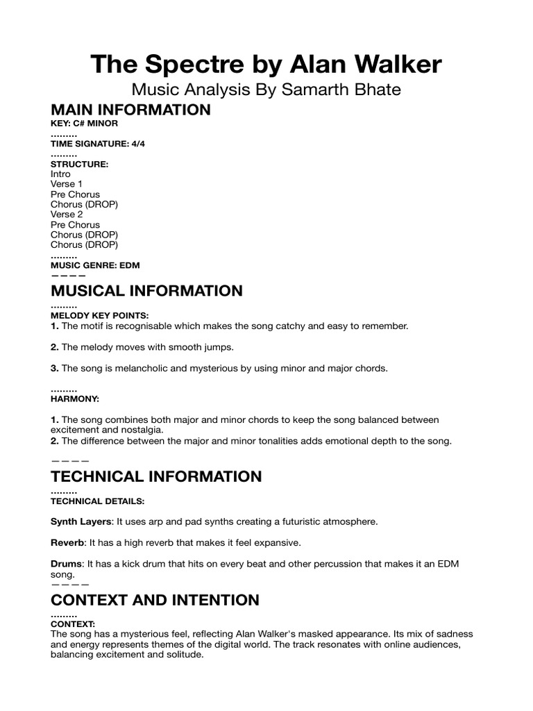 Samarth Bhate - Music Analysis The Spectre | PDF | Song Structure ...