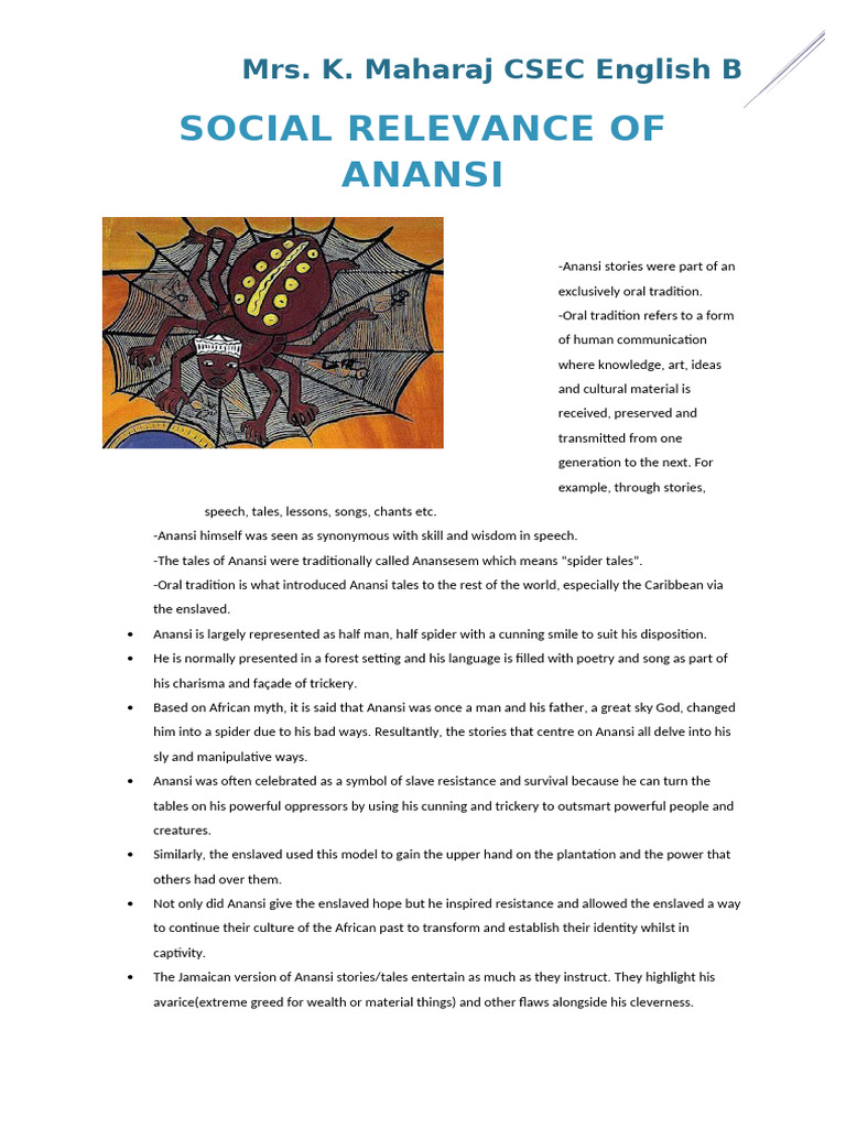 CLASS 16-SOCIAL RELEVANCE OF ANANSI | PDF | Anansi | Slavery