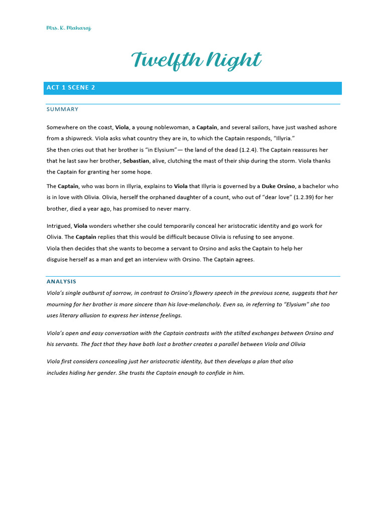 CLASS 5 - Act 1 Scene 2 Twelfth Night Summary and Analysis | PDF