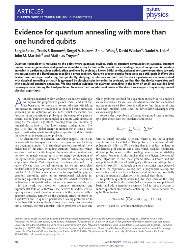 Quantum Annealing with 108 Qubits | PDF | Applied Mathematics | Quantum ...