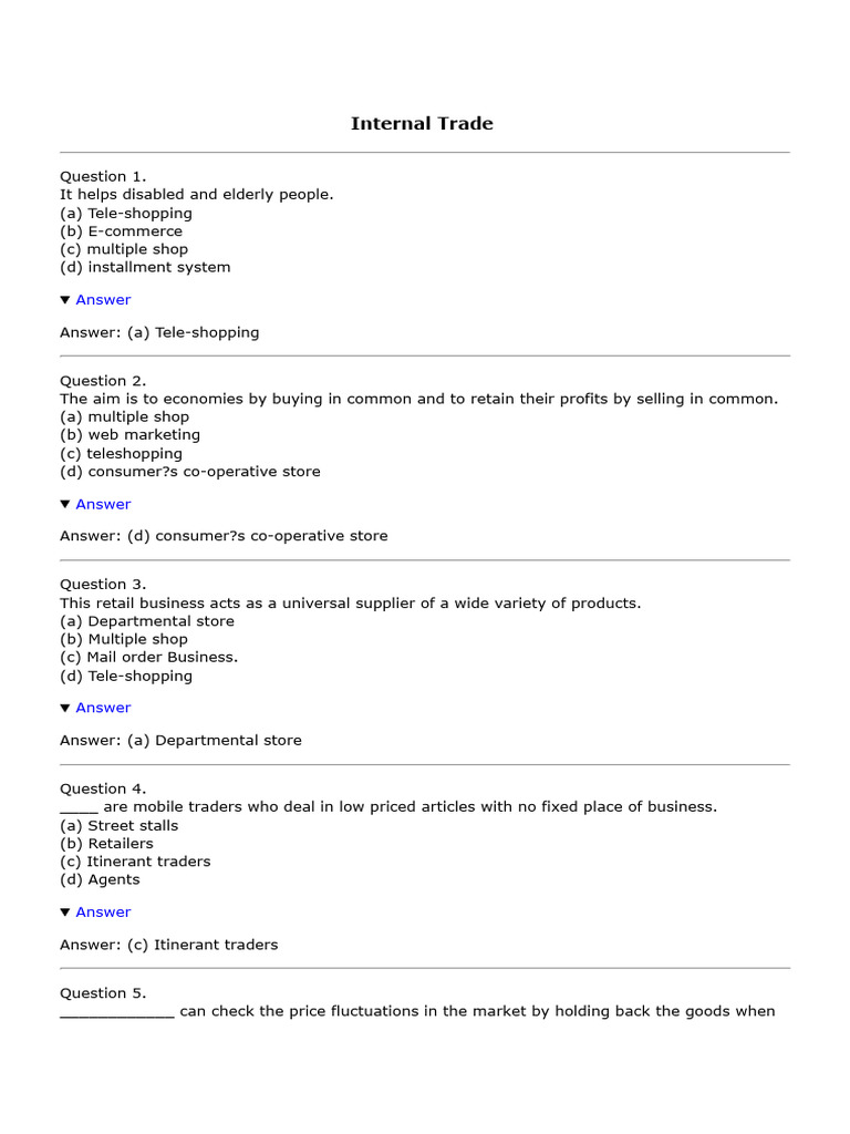 Internal Trade MCQs for Class 11 | PDF | Retail | Trade
