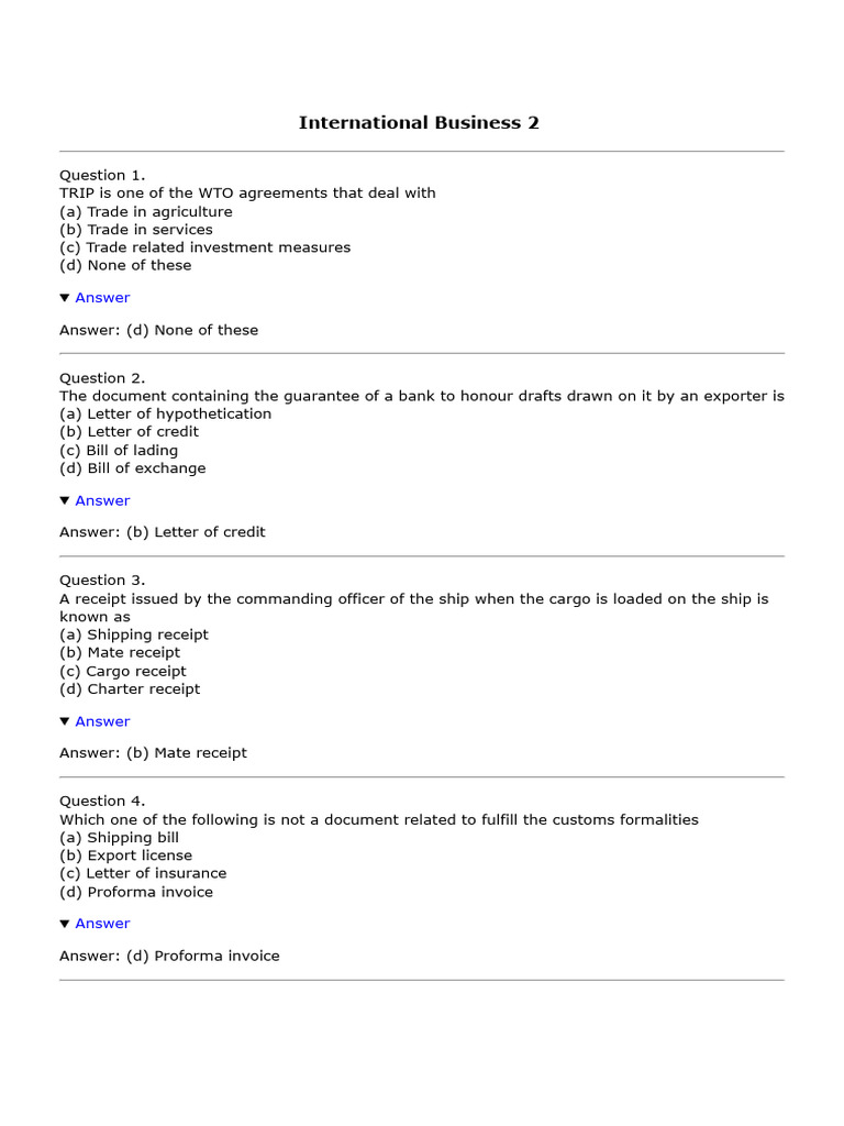 International Business Concepts Quiz | PDF | Receipt | World Trade ...