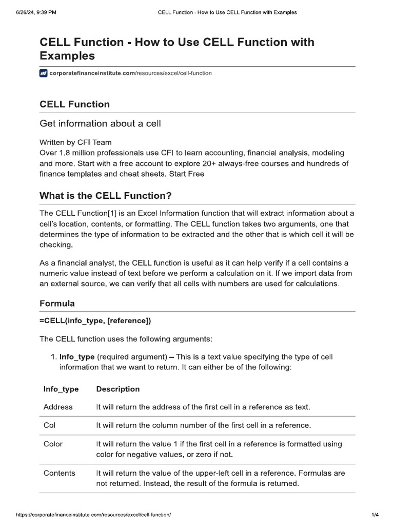 Excel CELL fUNCTION WITH EXAMPLES | PDF