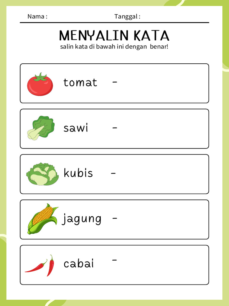 Lembar Kerja Belajar Suku Kata Tema Sayuran Hijau Ilustrasi Sederhana | PDF