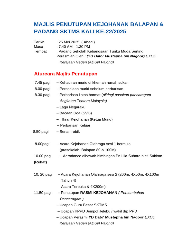 Tentatif MAJLIS PENUTUPAN KEJOHANAN BALAPAN | PDF