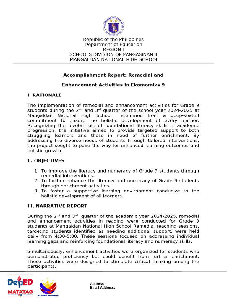 Remedial and Enhancement Activities Accomplishment Report Ekonomiks ...