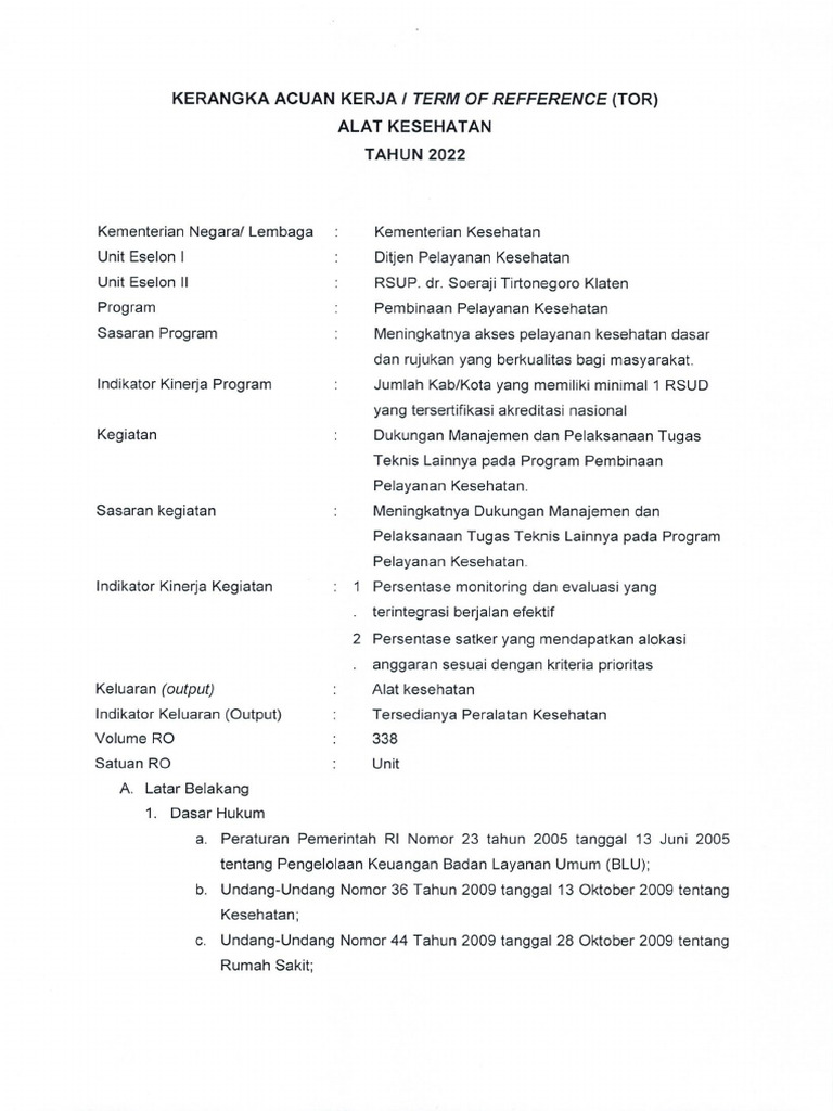 TOR RAB Alat Kesehatan 2022 | PDF