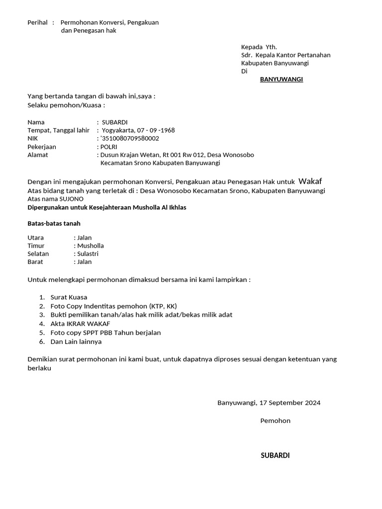 FORM PERMOHONAN _ART BPN_LWP_NU | PDF