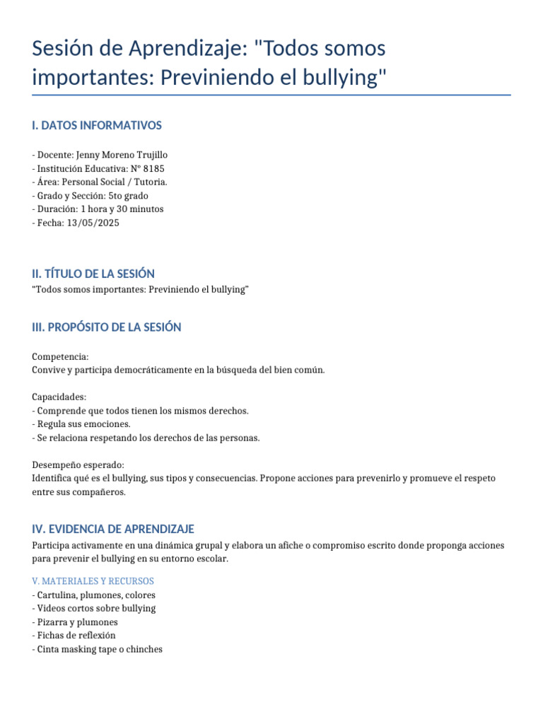 Sesion Aprendizaje Bullying 5togrado Con Lectura | PDF | Acoso cibernético | Conceptos psicologicos