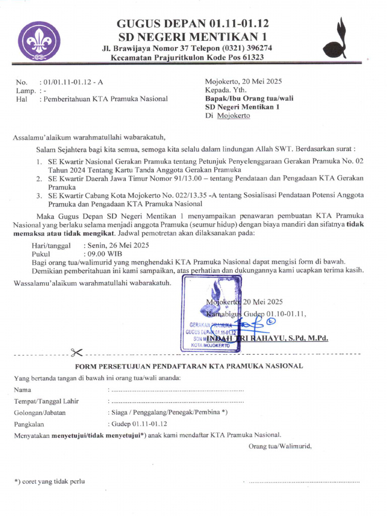 Surat Pemberitahuan KTA Pramuka Nasional 2025 | PDF