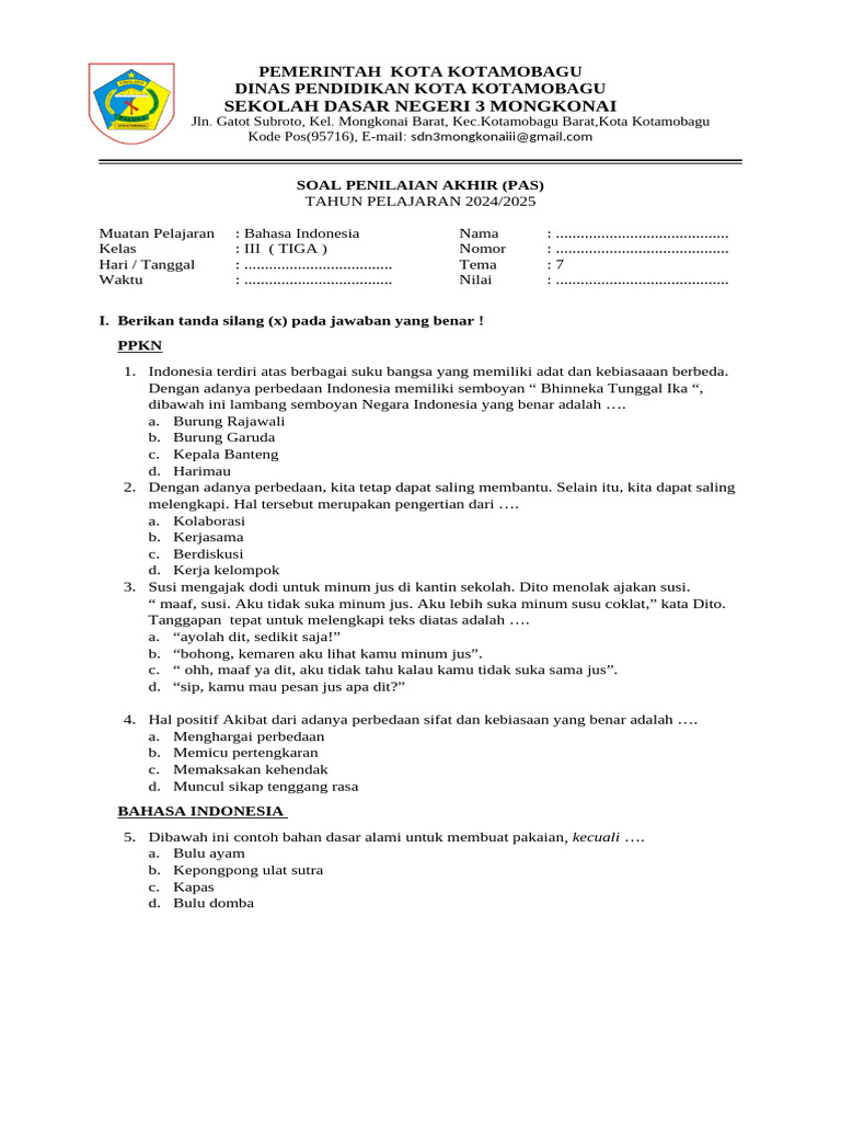 Soal UAS-PAS Kelas 3 Tema 7 - Kamimadrasah | PDF