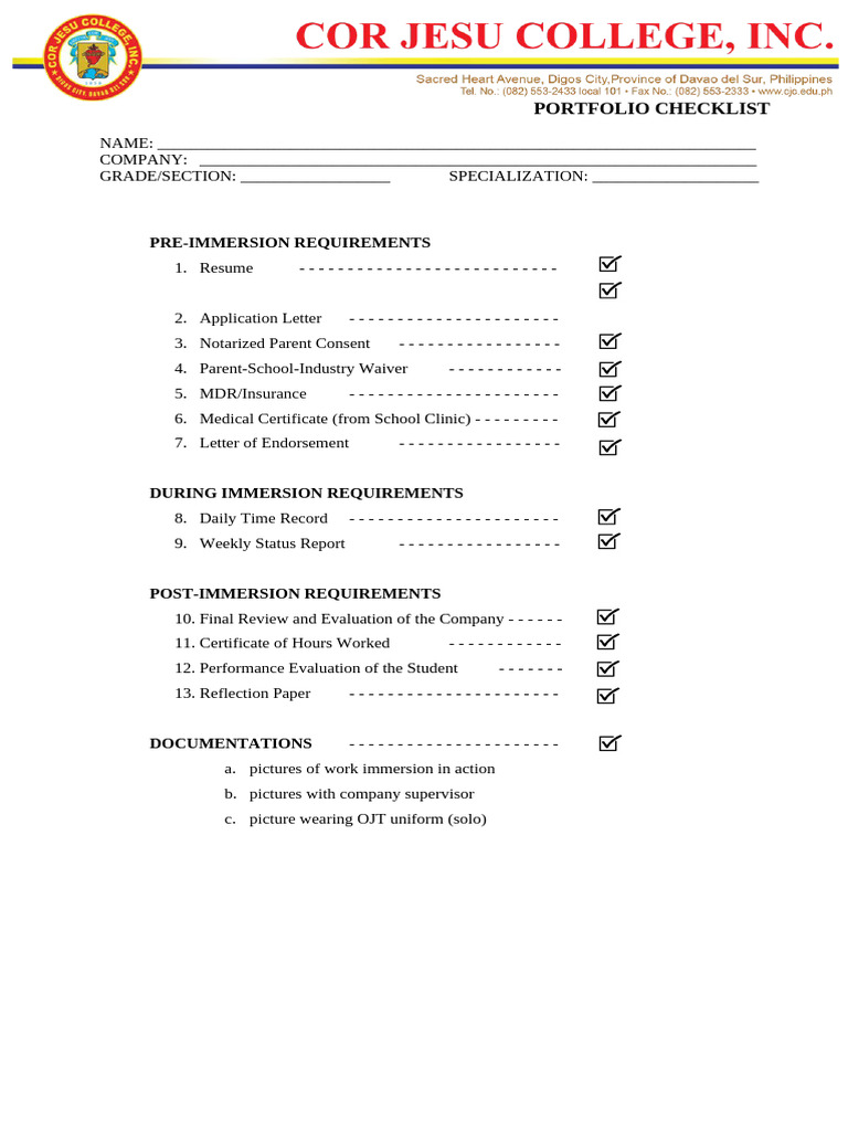 Work Immersion Checklist | PDF