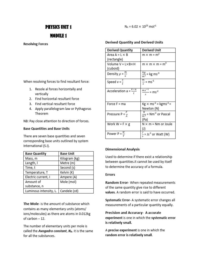 CAPE Physics Unit 1 Short Summary | PDF | Mole (Unit) | Newton's Laws Of Motion