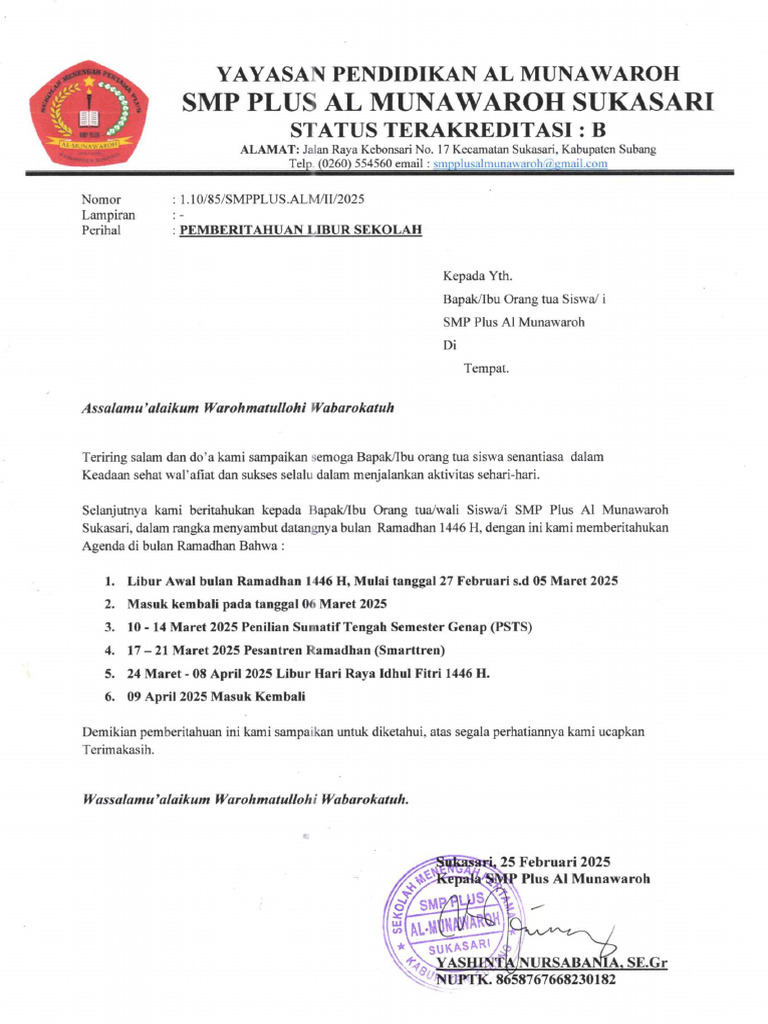 Surat Pemberitahuan Libur Sekolah 2025 | PDF