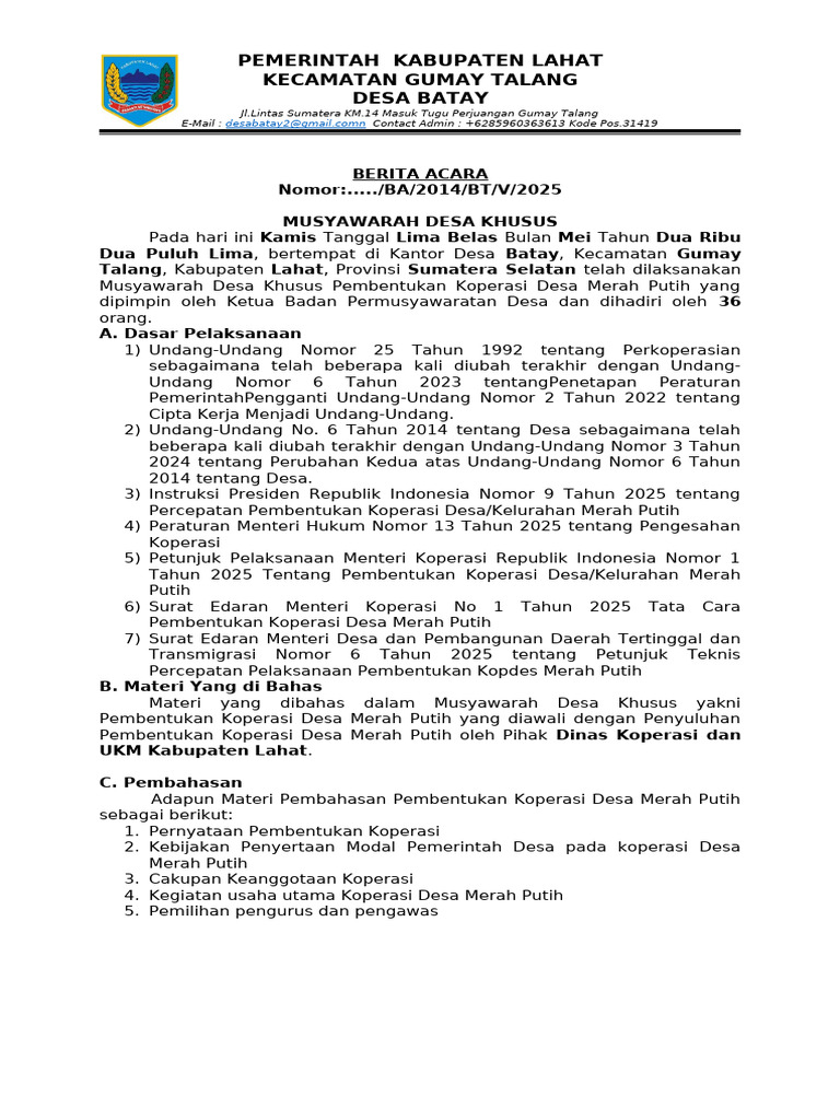 Berita Acara Musdessus KDMP | PDF