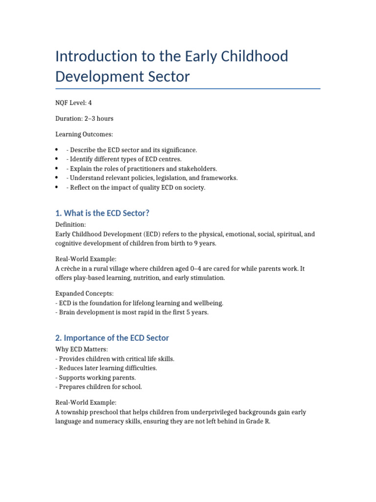 Introduction To ECD Sector Lesson NQF4 | PDF | Preschool | Child Care