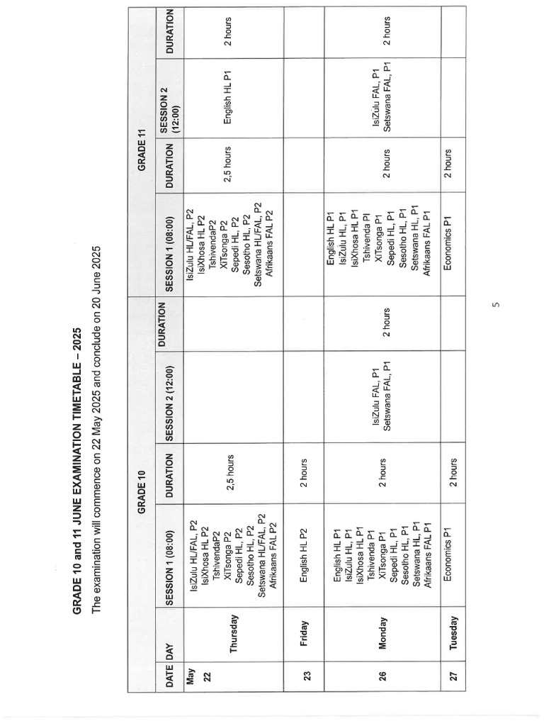 Grade 10&11 June Examination Timetable 2025 | PDF