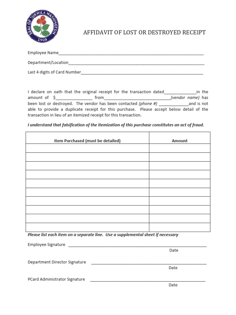 Lost Receipt Declaration Form | PDF