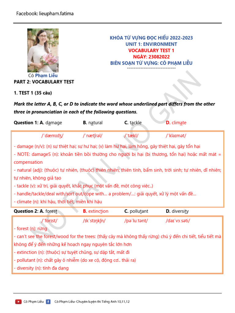 Giải Chi Tiết-unit 1- Environment-Vocabulary Test 1-Khóa Từ Vựng Đọc ...