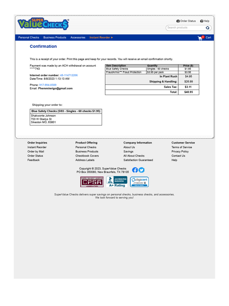 Your Order Is Confirmed - SuperValue Checks | PDF